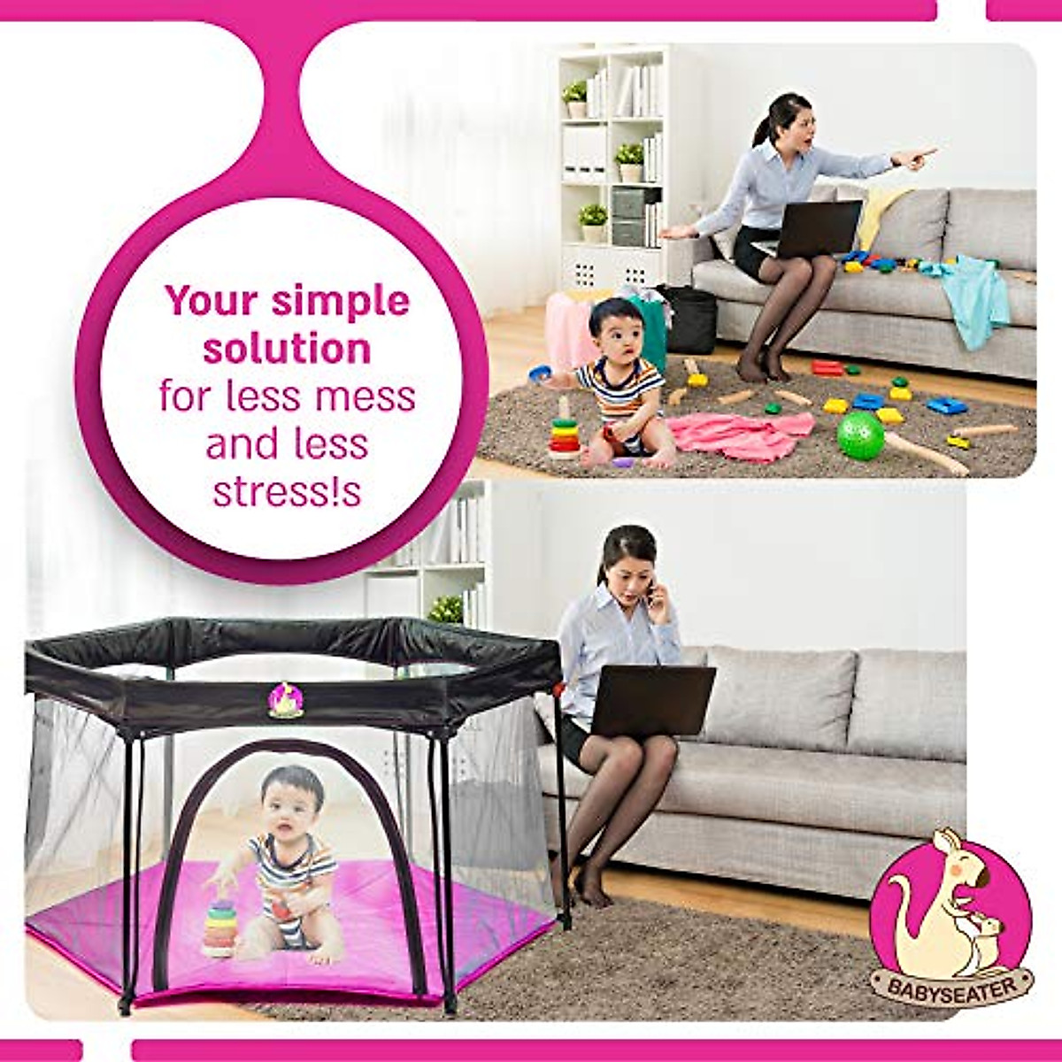 BABYSEATER Portable Playard Play Pen with Carrying Case for Infants and Babies, Pink