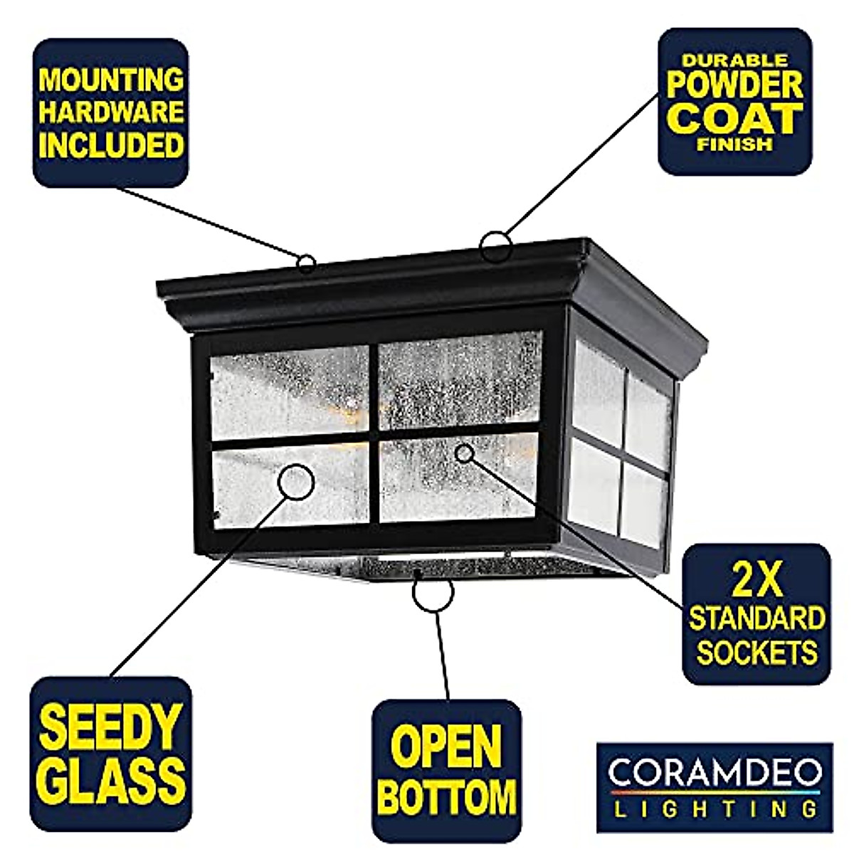 CORAMDEO French Pane Square 2 Light Ceiling Mount Farmhouse Fixture, Indoor or Outdoor, Two Standard Sockets, Open Bottom, Damp Location, Black Powder Coat Finish with Seedy Glass