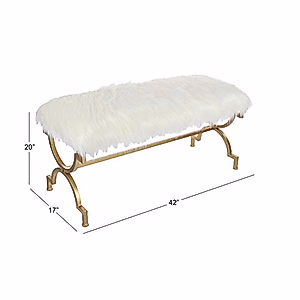 Deco 79 Metal Bench with White Faux Fur Top, 42" x 17" x 20", Gold