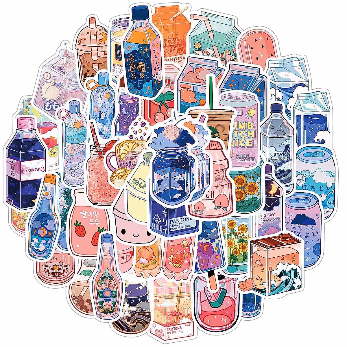 prettDliJUN Decorative Wall Art, 50PcsBag Beverage Stickers Water-Proof Cute Pink Blue PVC Vinyl Sticker, 2