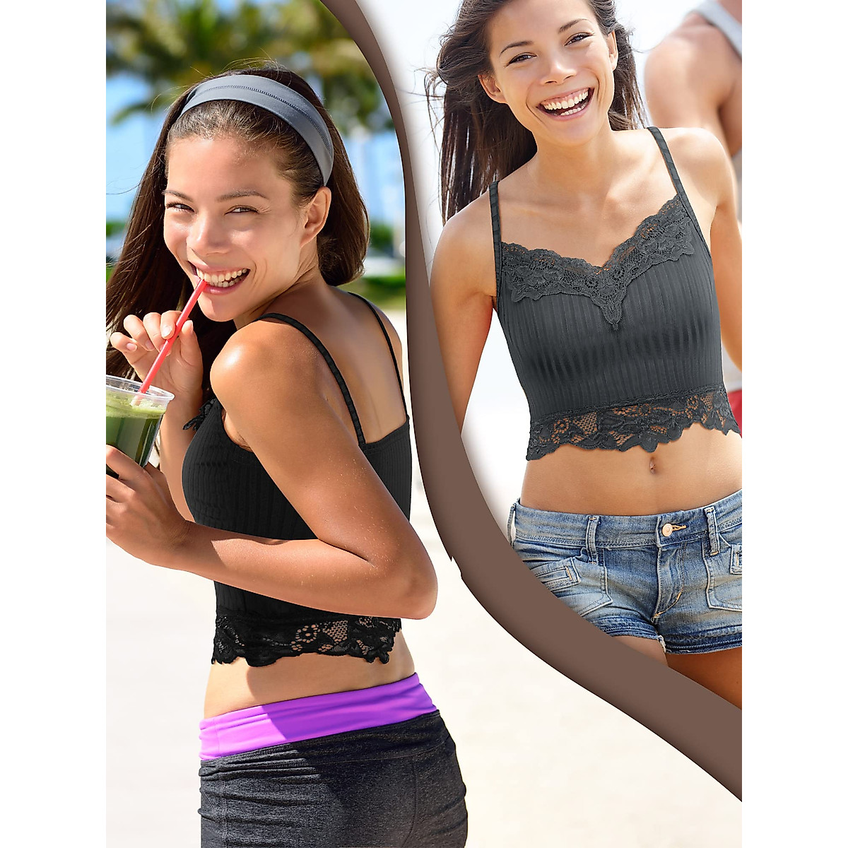 Bencailor 4 Pcs Lace Y2k Tank Tops Fairy Grunge Clothes Crop Tops Lace Patchwork Cami Ribbed Knitted Tank for Women(XX-Large,Black, White, Skin, Gray)