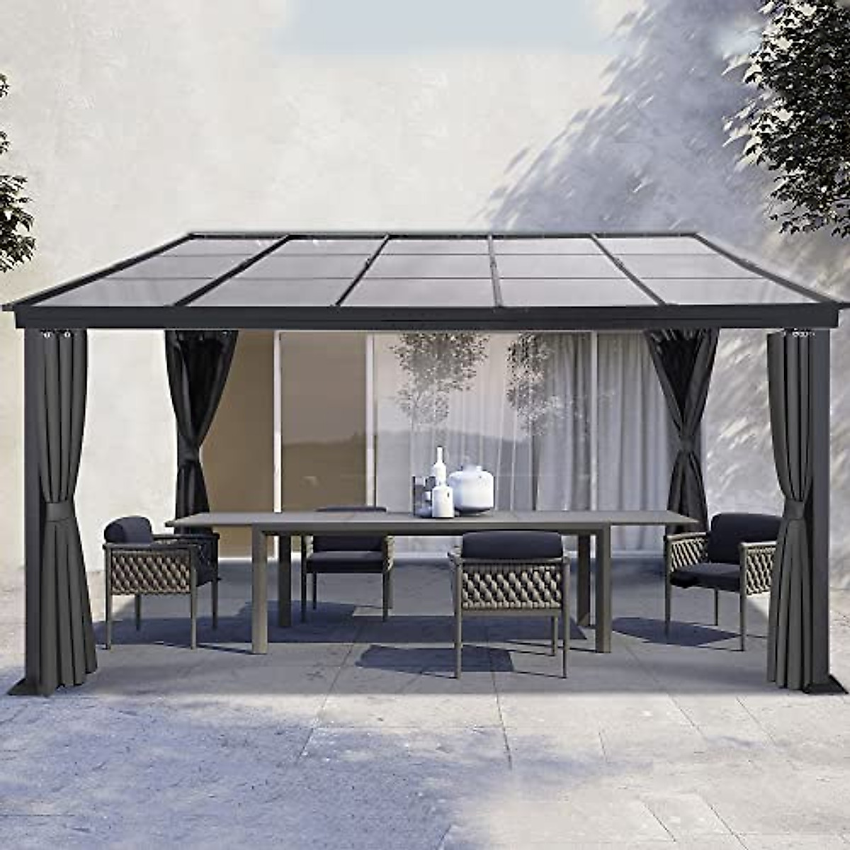 GARTOO 10' x 13' Outdoor Wall-Mounted Hardtop Gazebo, Aluminum Frame Pergola Sunroom with Sloping Polycarbonate Roof & Double Curtains for Garden, Lawn, Party, Deck