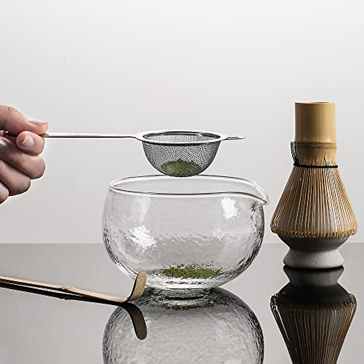 Textured Glass Matcha Bowl With Pouring Spout - Handmade Japanese Style Matcha Green Tea Ceremony Chawan 400ml 13.5 oz Big Glass Salad Porridge Juice Bowl Cup