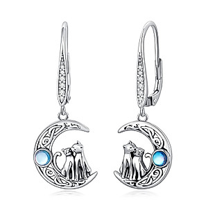YAFEINI Cats Dangle Earrings Sterling Silver Crescent Moon and Moonstone Drop Earrings Jewerly Gifts for Cats Lovers Women (Cats Dangle Earrings)