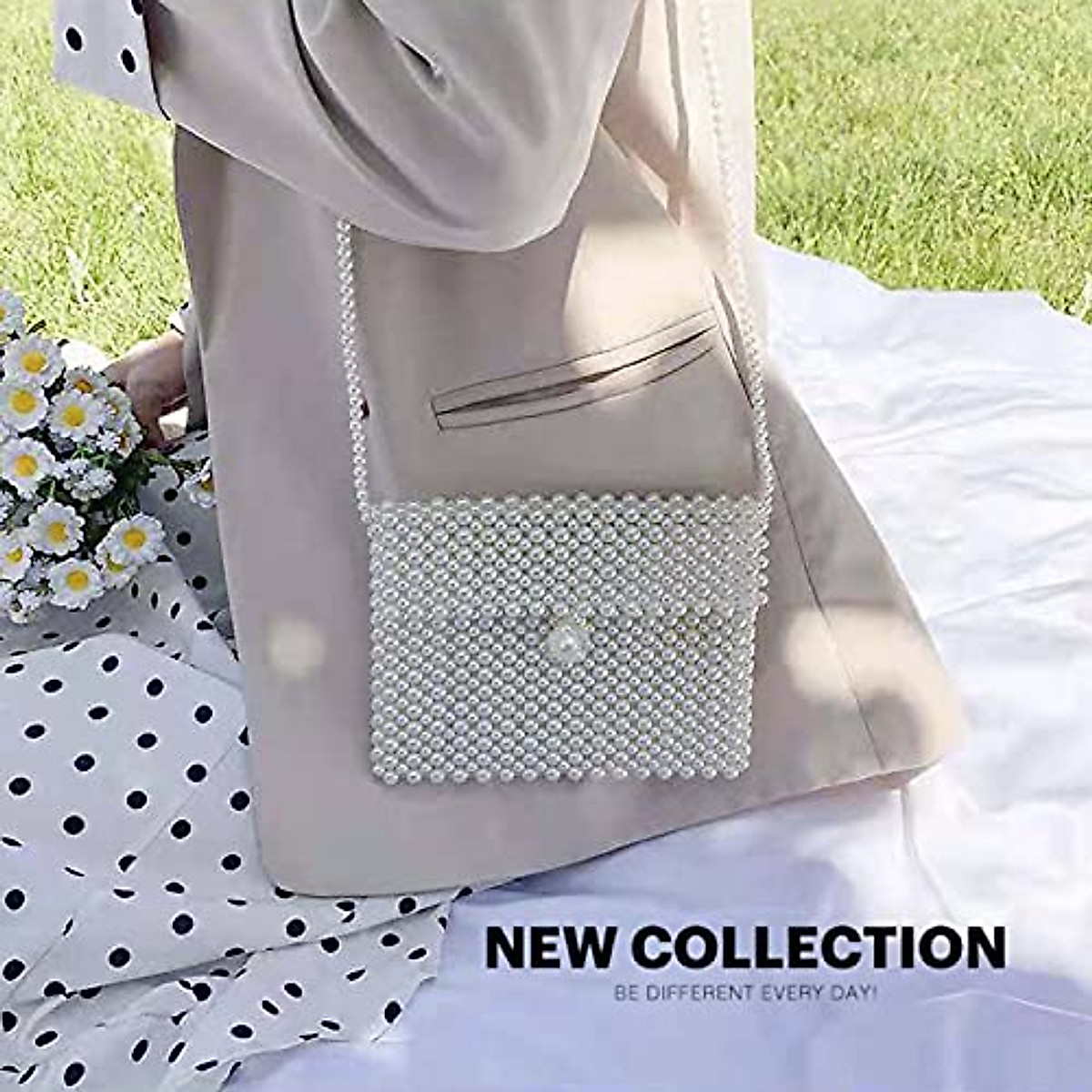 Pearl Bag for Women Girls, Hogoo Luxury White Pearl Bag Chain Bag Beaded Crossbody Bag Big Rectangle Handmade Bags Shoulder Bag Clutch Purse Bag for Wedding Bridal Shower Dinner Party Gifts