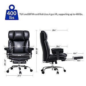KUMEPOJO Big and Tall Office Chair 400lbs, Wide Seat, Telescoping Leg Rests, Adjustable Armrests - Comfortable Office Chair for Lower Back Pain, Black Heavy-Duty Leather Office Chair