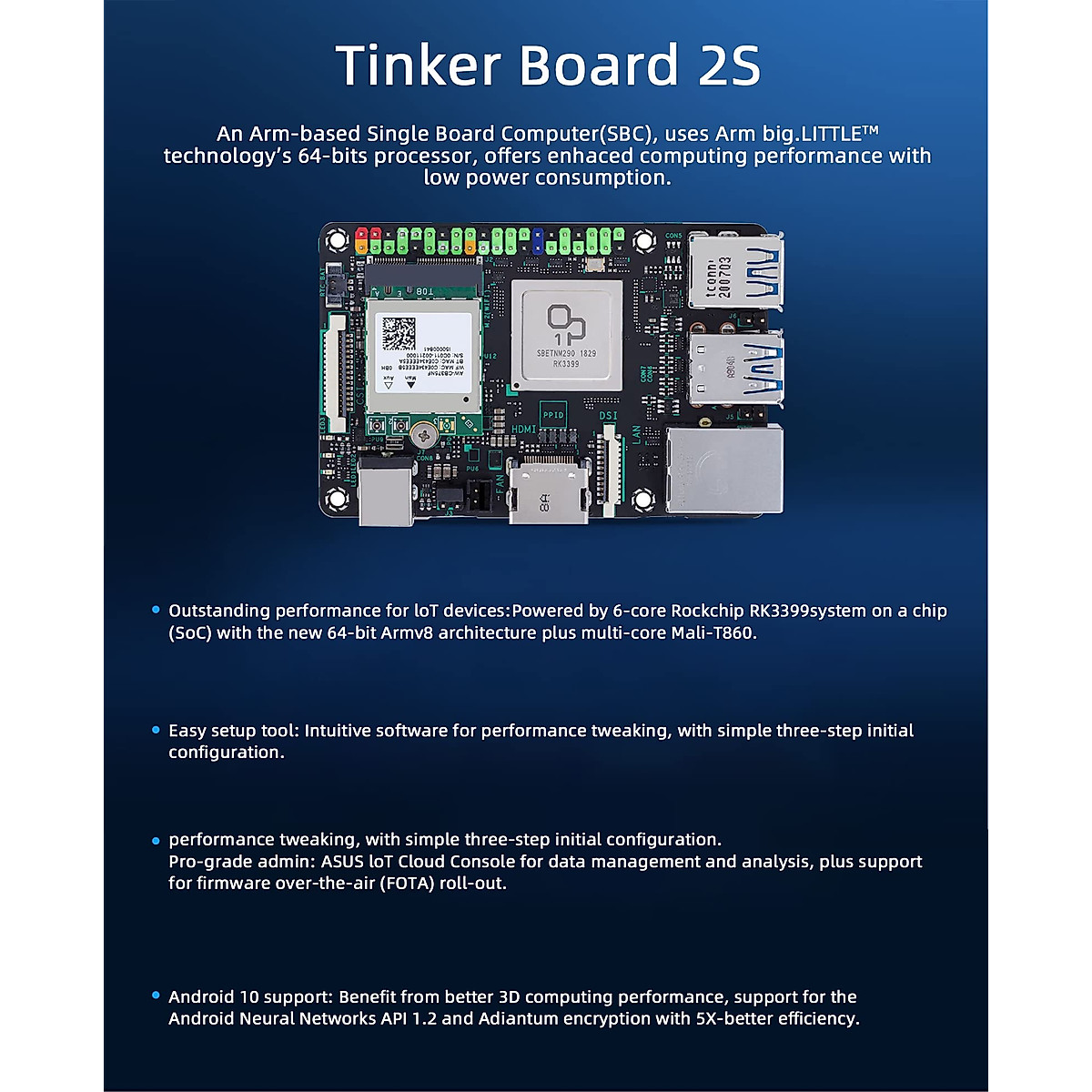 youyeetoo Tinker Board 2S AI Single Board Computer, 4GB RAM 16GB eMMC Support 4K Dual Display, onboard WiFi Bluetooth HDMI DP DSI Android 10 Debian 9(Basic Kit)