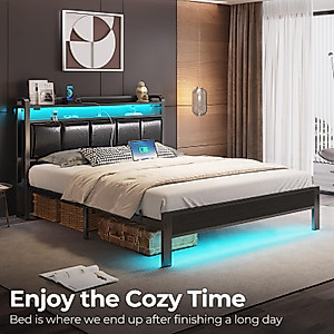 Rolanstar Bed Frame Queen Size with Charging Station and LED Lights, PU Leather Headboard with Storage Shelves, Heavy Duty Metal Slats, No Box Spring Need, Noise Free, Easy Assembly, Black