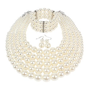 KOSMOS-LI Multi Layer Pearl Strand Necklace Bracelet And Earring Faux Ivory Pearl Jewelry Set