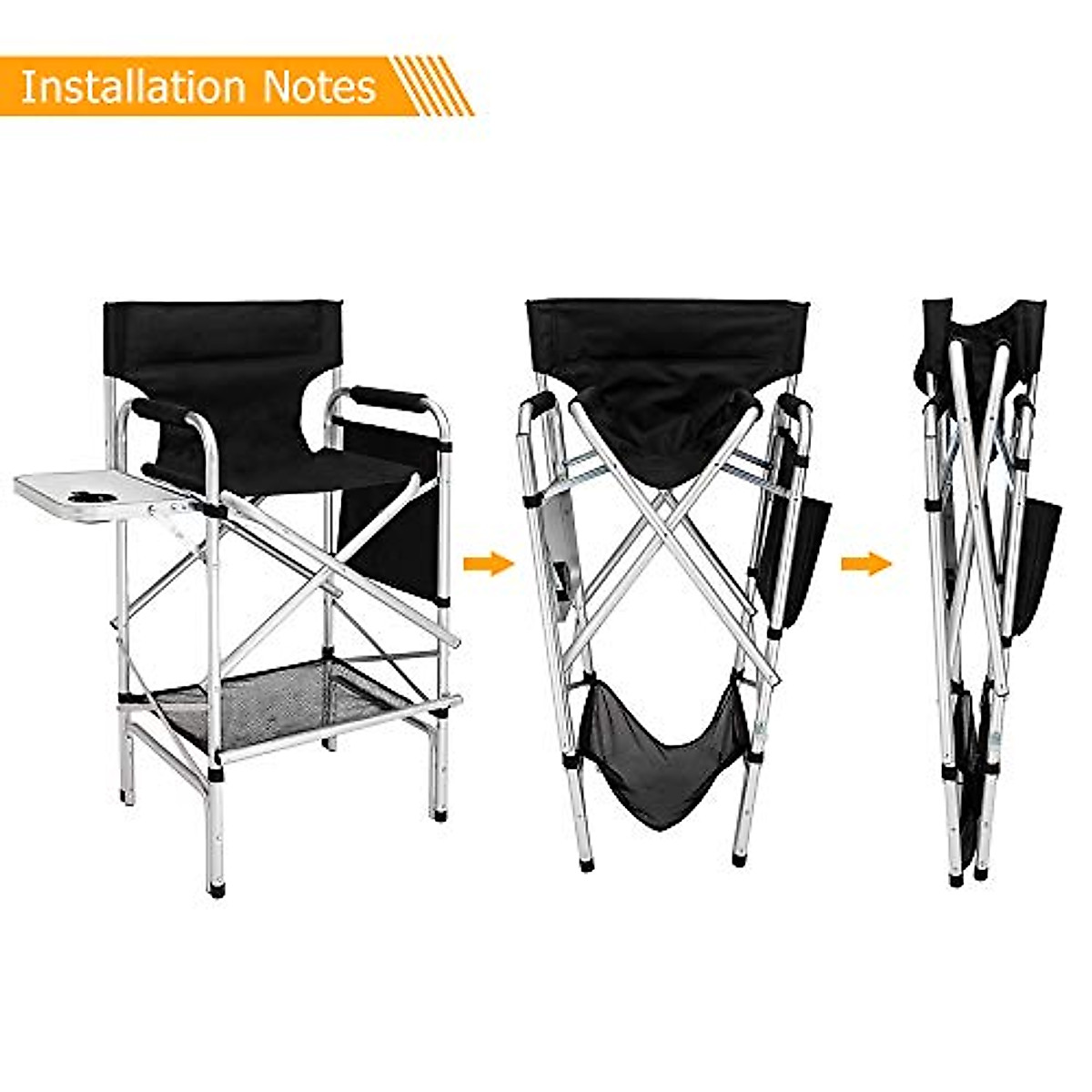 mefeir 2 PCS 31" Tall Upgraded Director Makeup Artist Chair Bar Height, Aluminum Frame Supports 300 lbs, Folding Portable with Side Table Storage Bag Black,19.2" D x 23.6" W x 45.6" H