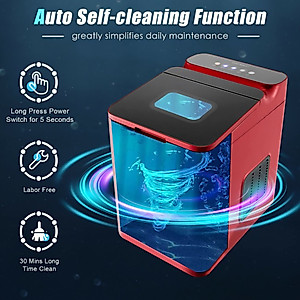 Ice Makers Countertop, Self-Cleaning Ice Maker with Ice Basket, 9pcs/ 6mins 33 LBS/24 H for Home/Office/Kitchen,Red