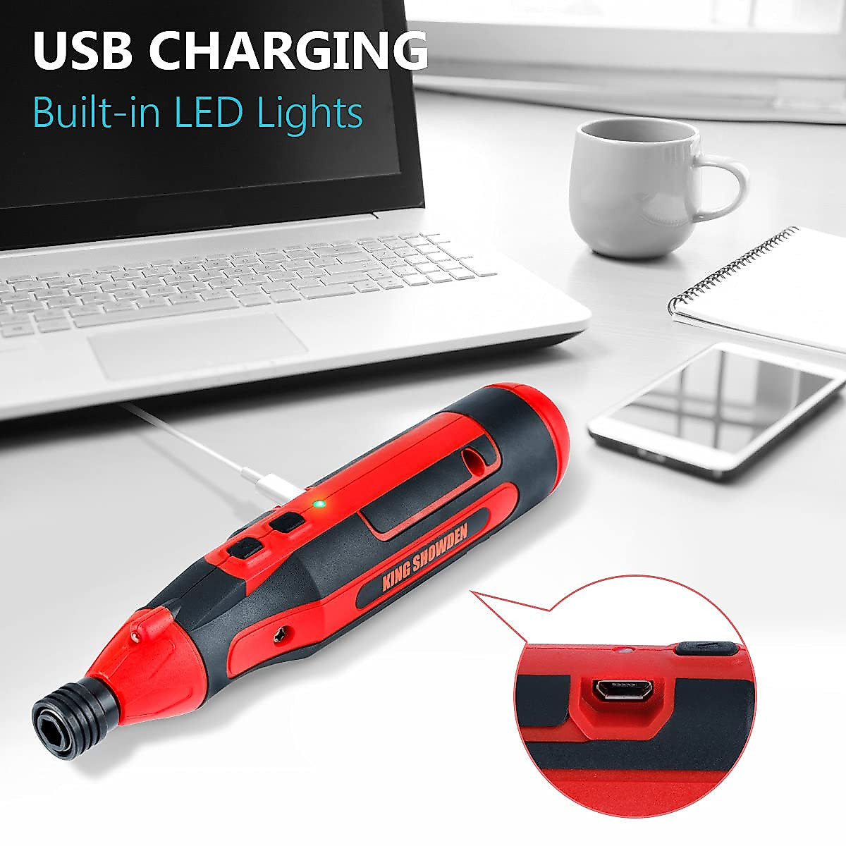 King Showden Electric Screwdriver 4V Cordless Power Screw Drivers Kit with 42 pcs Drill Bits, USB Rechargeable Lithium ion Battery, LED Work Light, Carrying Case