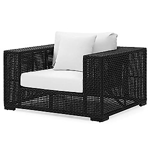 Zuri Furniture Modern Marquesa Outdoor Black Wicker Armchair with Quick Drying Cushions in White