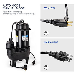 Acquaer 1/2HP Submersible Sewage/Effluent Pump, 6000 GPH, Cast Iron, Automatic Tethered Float Switch, 115V Sump Pump for Sump Basin, Residential Sewage, Basement, 2'' NPT Discharge