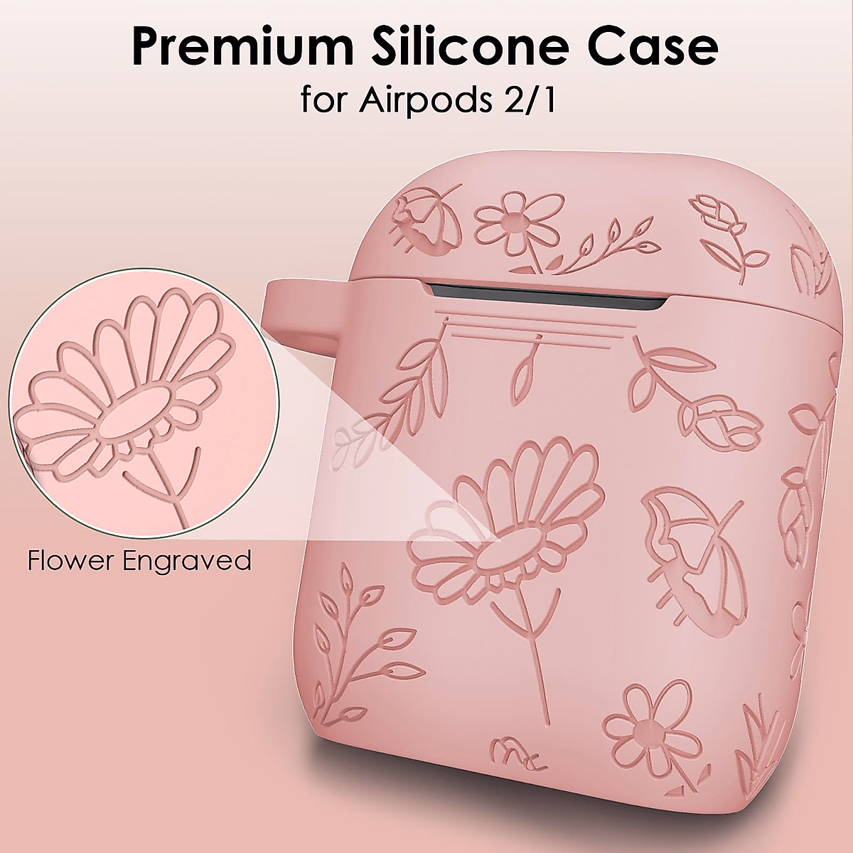 Filoto Airpods Case, Silicone Flower Engraved Protective Case Cover Apple Airpod 2/1 Skin Cover with Keychain for Women Girls (Pink Flower)