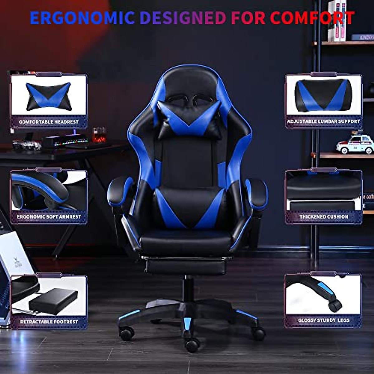 ExAchat Gaming Chair - Gaming Chair with Footrest, Ergonomic Gaming Chair with Adjustable Seat Height and Backrest - Adult Gaming Chair with Comfortable Headrest and Lumbar Support,300LBS-Blue