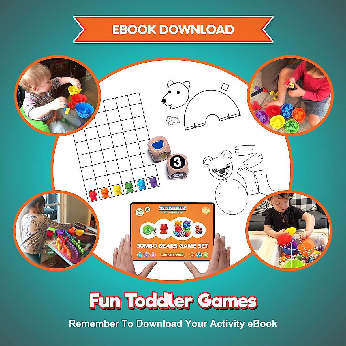 KIDS KORNER Jumbo Counting Bears Matching Game - Montessori Fine Motor Learning Toys with Stacking Cups, 60 Preschool Math Manipulatives, 2 Toddler Games Dice, Toy Storage & Activities eBook