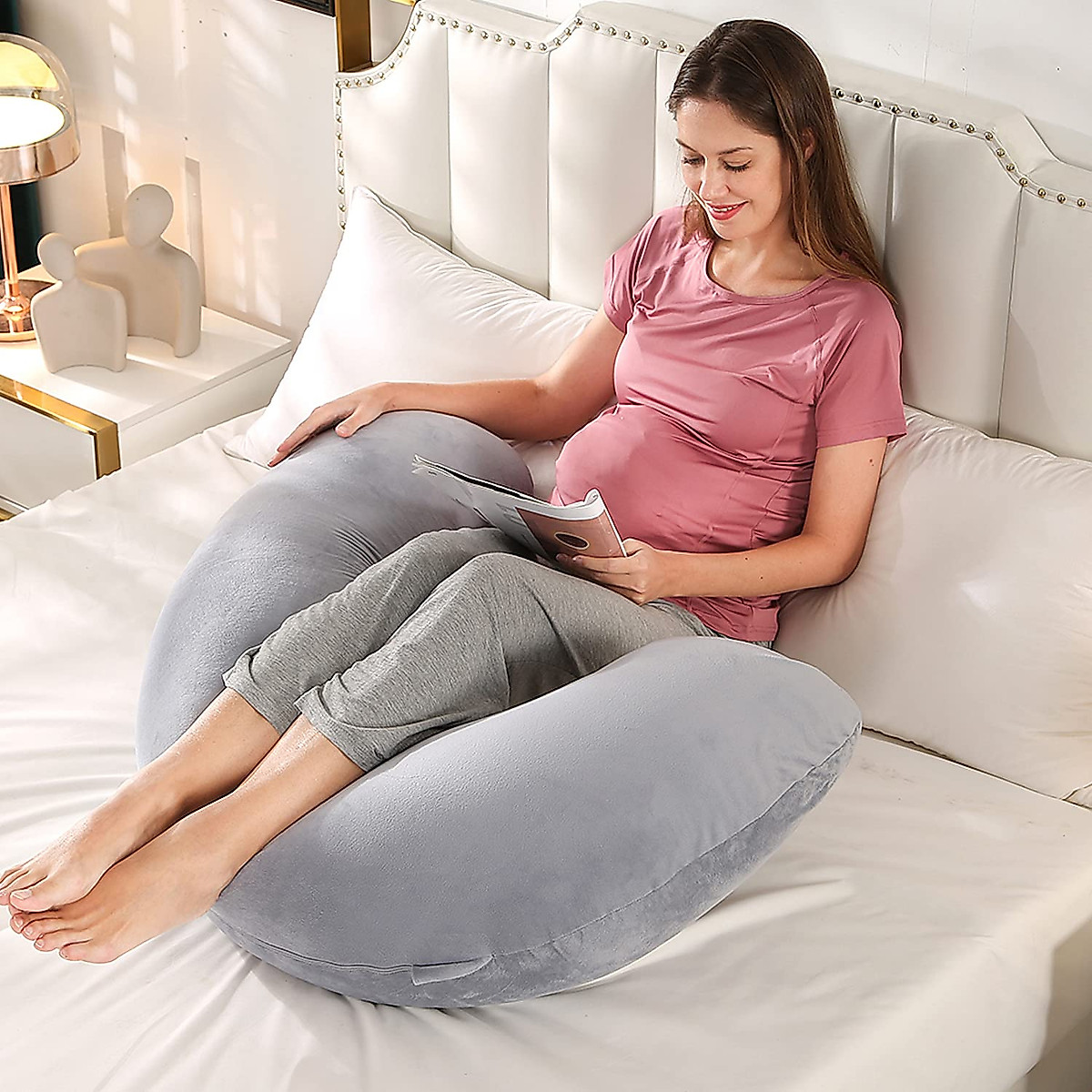 Elover Pregnancy Pillows for Side Sleeping Maternity Body Pillow for Pregnancy, Soft Pregnancy Pillow with Velvet Cover for Head Neck Belly Support (Dark Gray, Velvet)