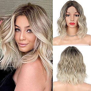 Kalyss 12" Synthetic Edge Lace Front Wigs for Women Short Wavy Bob Wig Middle Part Ombre Ash Blonde Wig for Daily Wear(12”, Ombre Ash Blonde)