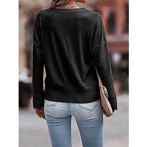 Trendy Queen Womens Fall Tops 2023 V Neck Lace Crochet Long Sleeve Blouses Teacher Outfits Ribbed Knit Sexy Casual Boho Clothes Fashion Tunic Tops A-Black