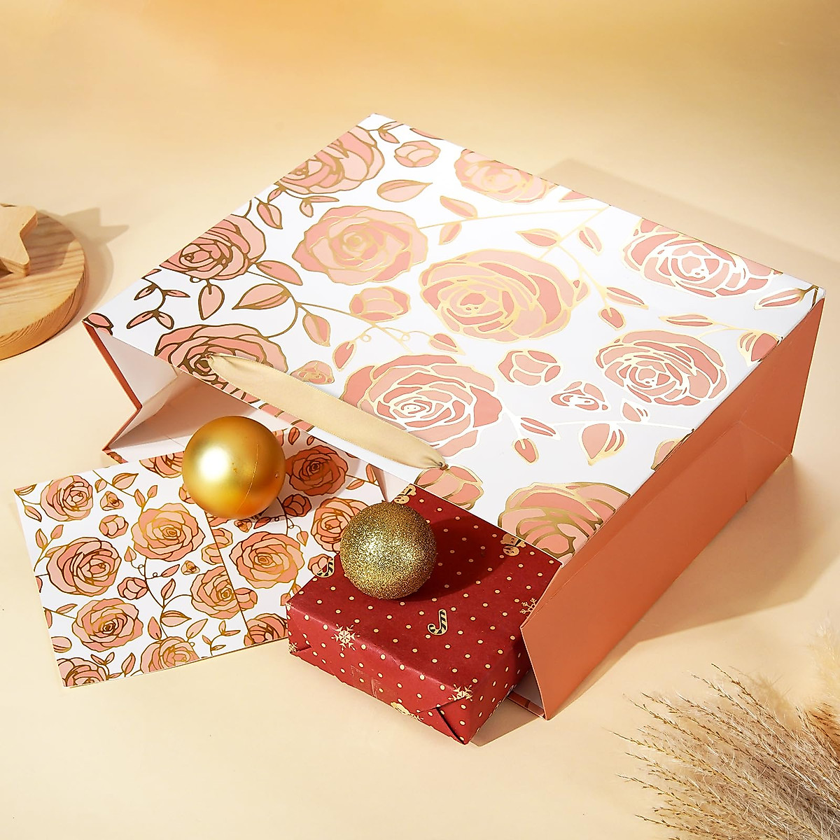 DecorWoo 13" Rose Gold Large Gift Bag with Card and Tissue Paper, Foil Flowers Gift Bag for Birthdays, Bridal Showers, Mothers day, Anniversaries, Weddings