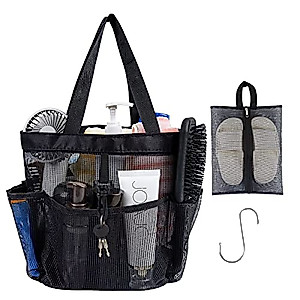 LETHMIK Mesh Shower Caddy - Large Hanging Portable Tote Bag 8 Pockets Deeper, Quick Dry Shower Caddy Basket Bag with Shoe Bag & Key Hook, Bath Organizer for College Dorms, Gym, Camp, Beach (Black)