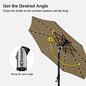 EAST OAK Patio Umbrella, 9 ft Outdoor Table Umbrella with 40 LED Solar Lights and 8 Ribs, 1.9inch Aluminum Pole, UPF 50+ Fade Resistant and Push Button Tilt for Deck and Poolside, Tan