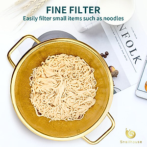 Snailhouse Colander, 3 Quart Stainless Steel Pasta Rice Food Metal Strainer with Handles and Self-draining Base for Kitchen, Gold