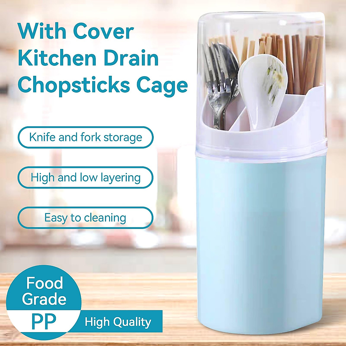 Kitchen Utensil Holder with Cover, 4 Compartment Wall-Mounted Countertop Plastic Silverware Holder Utensil Drying Rack for Cutlery, Chopstick, Spoons, Forks, Knives(Blue)
