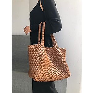 Brown Vegan Leather Woven Tote Bag for Women - Large Beach Bag with Small Purse, Handmade Top-handle Travel Handbag