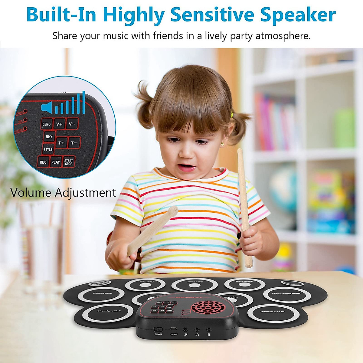 KOCASO Electric Drum Pad Foldable 10-Drum Silicon Drum Kit Dual-Pedal Foldable Electronic Drum Set Machine with Drum 2 Sticks Headphone Jack Speaker for Kids, Beginners