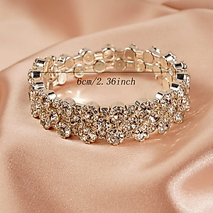 YERTTER Dainty Silver Wedding Layered Strech Crystal Bangle Bracelet Crystal Rhinestone Cuff Warp Bracelet Women Girls Brides Hand Jewelry (Silver-3 Row Crystal)