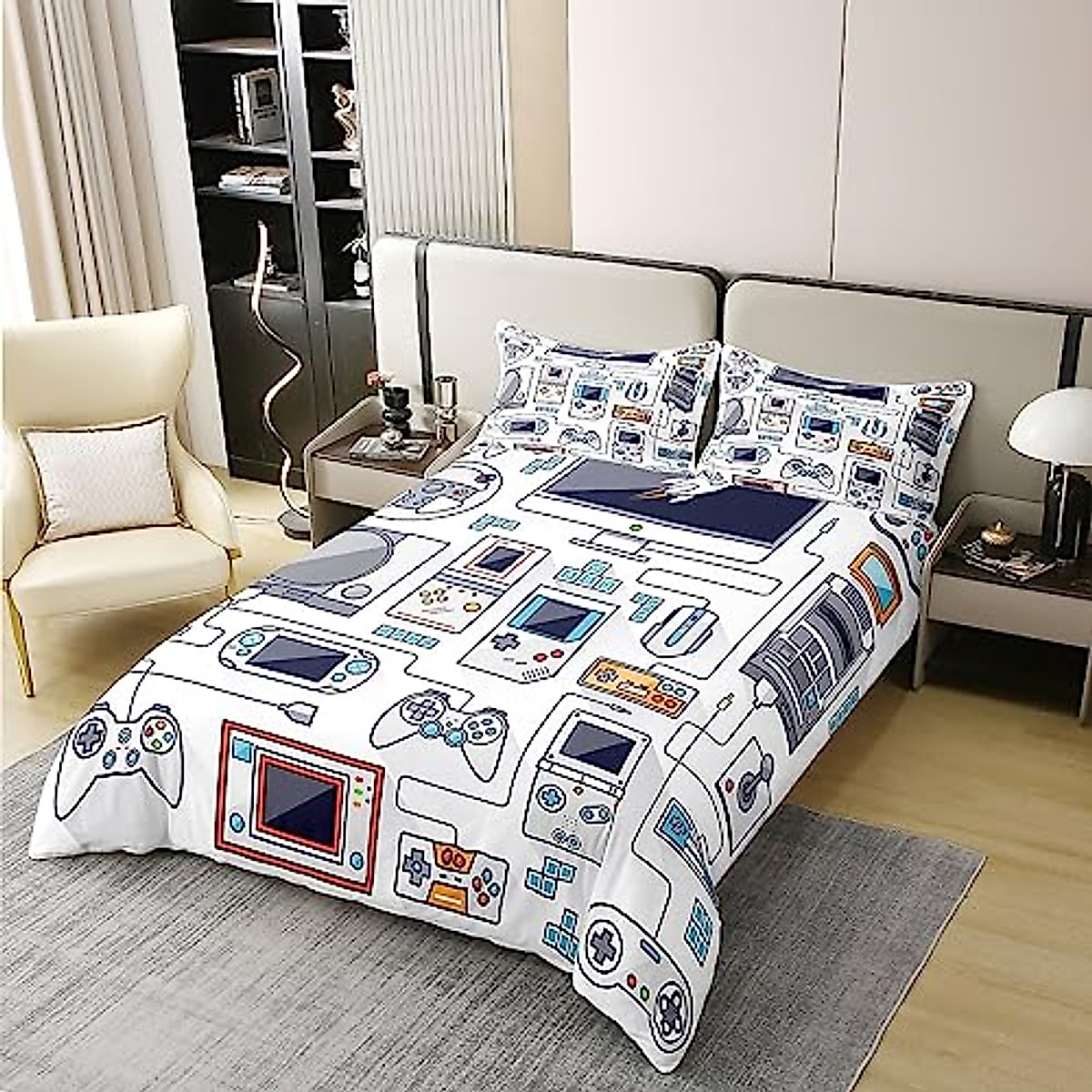 100% Cotton Gamer Bedding Sets for Boys,Gaming Duvet Cover Set Queen Size,Boys Video Games Comforter Cover,Gamepad Designs Bed Set for Teen Boys Bedroom,Joystick Controller,3 Pcs with 2 Pillow Shams