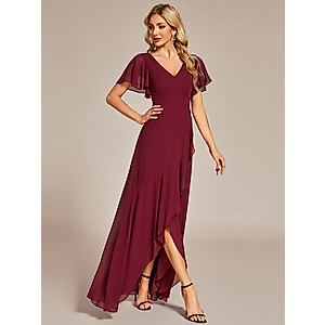 Ever-Pretty Women's Double V Neck A Line Ruffle Hem Backless High Low Chiffon Wedding Guest Dresses Burgundy US14