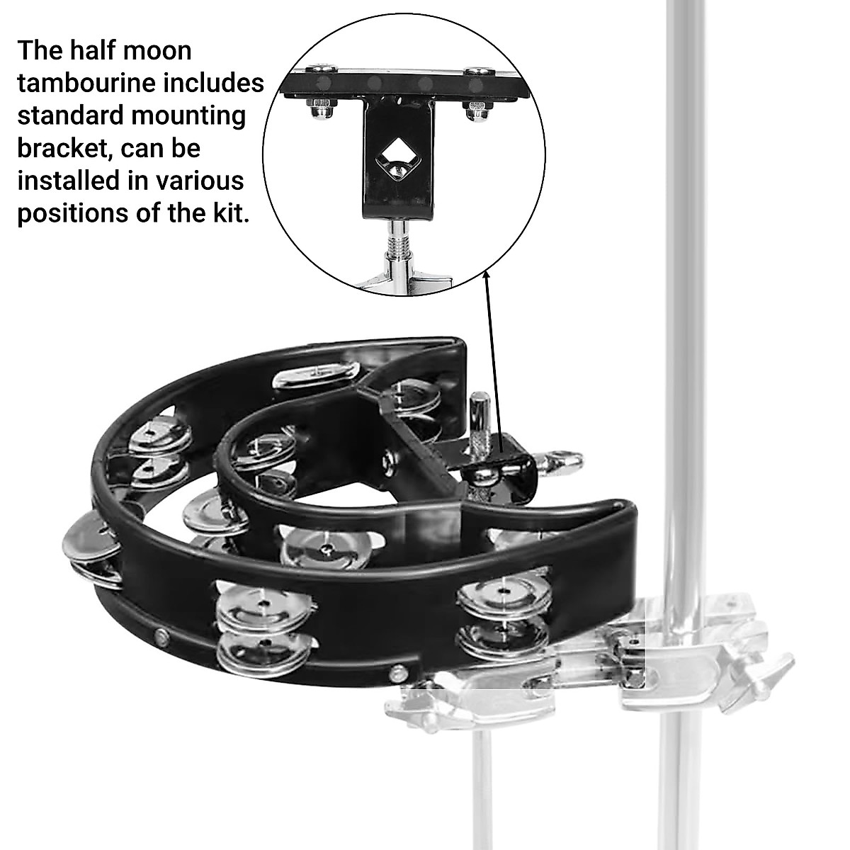 Hi Hat Tambourine Half Moon Hand Bell Rattle Double Row Bells with Mounting Bracket for Drummers Guitarists