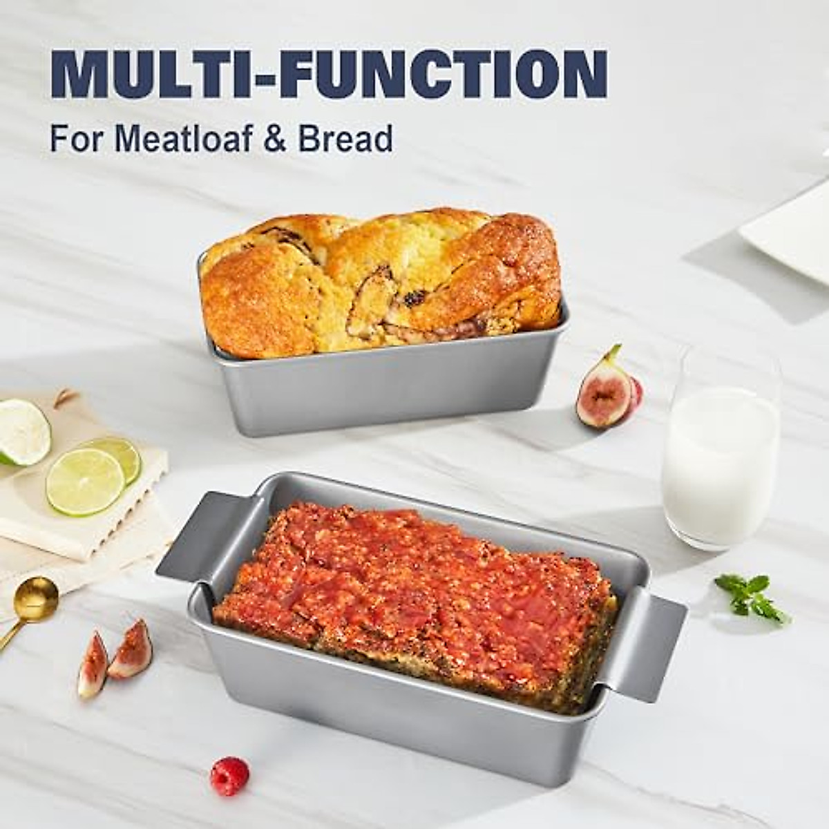 BRONYPRO Nonstick Meatloaf Pan with Drain Tray, 9x5 Meat Loaf Pans for Baking Bread, Homemade Banana Bread Tin for Oven, Grey