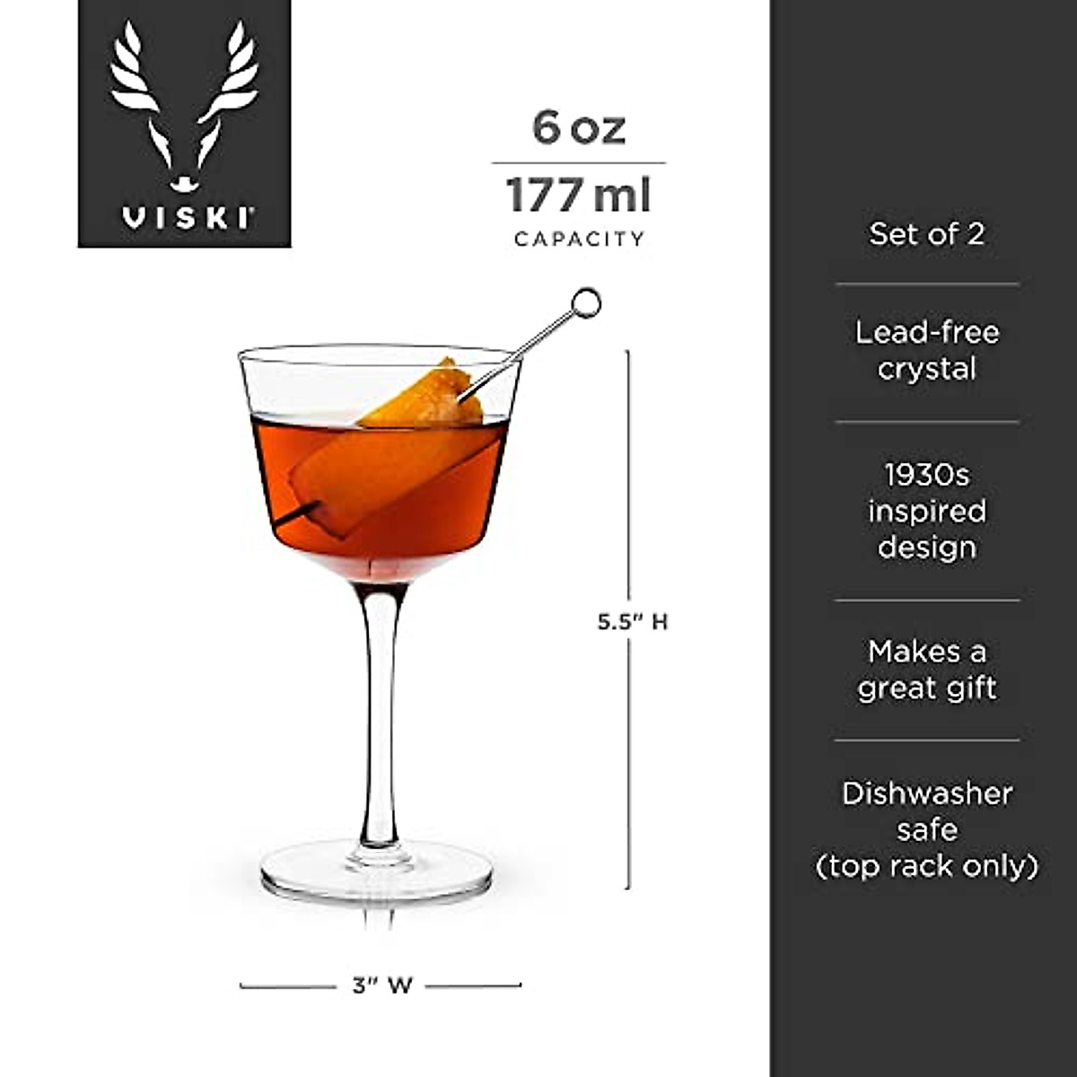 Viski Nick and Nora Glasses, Stemmed Drinkware, Premium Crystal Cocktail Glasses, Cocktail Coupe Glasses, Home and Bar Glass cups, Set of 2, 6oz