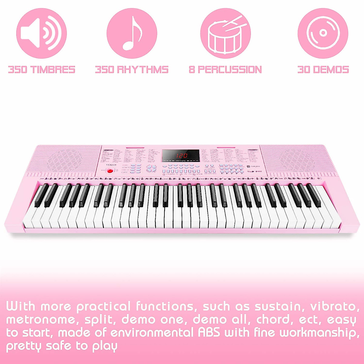 Vangoa VGK610 Piano Keyboard, 61 Mini Keys Portable Music Keyboard for Beginners with Microphone, 3 Teaching Modes, 350 Tones, 350 Rhythms, 30 Demos, Pink