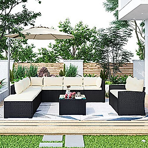 EPOFIT 9 Pieces Wicker Patio Furniture Sets, All-Weather Outdoor Sectional Couch, PE Rattan Patio Sofa Conversation Sets with Cushions and Glass Top Table, Black & Beige
