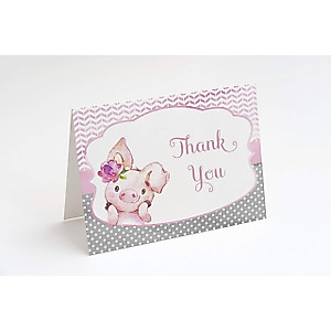The Invite Lady Pig Thank You Cards Little Piggy Miss Farm Baby Shower Bridal Polka Dots Pink Watercolor Chevron Stripes Folding Notes Blank Inside (24 Count)