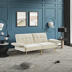 Modern Velvet Futon Sofa Bed,Convertible Folding Sleeper Sofa with 3 Angles Adjustable Back and Armrests,Recliner Couch Bed with Metal Legs for Small Space,Living Room Bedroom Apartment Office,Beige