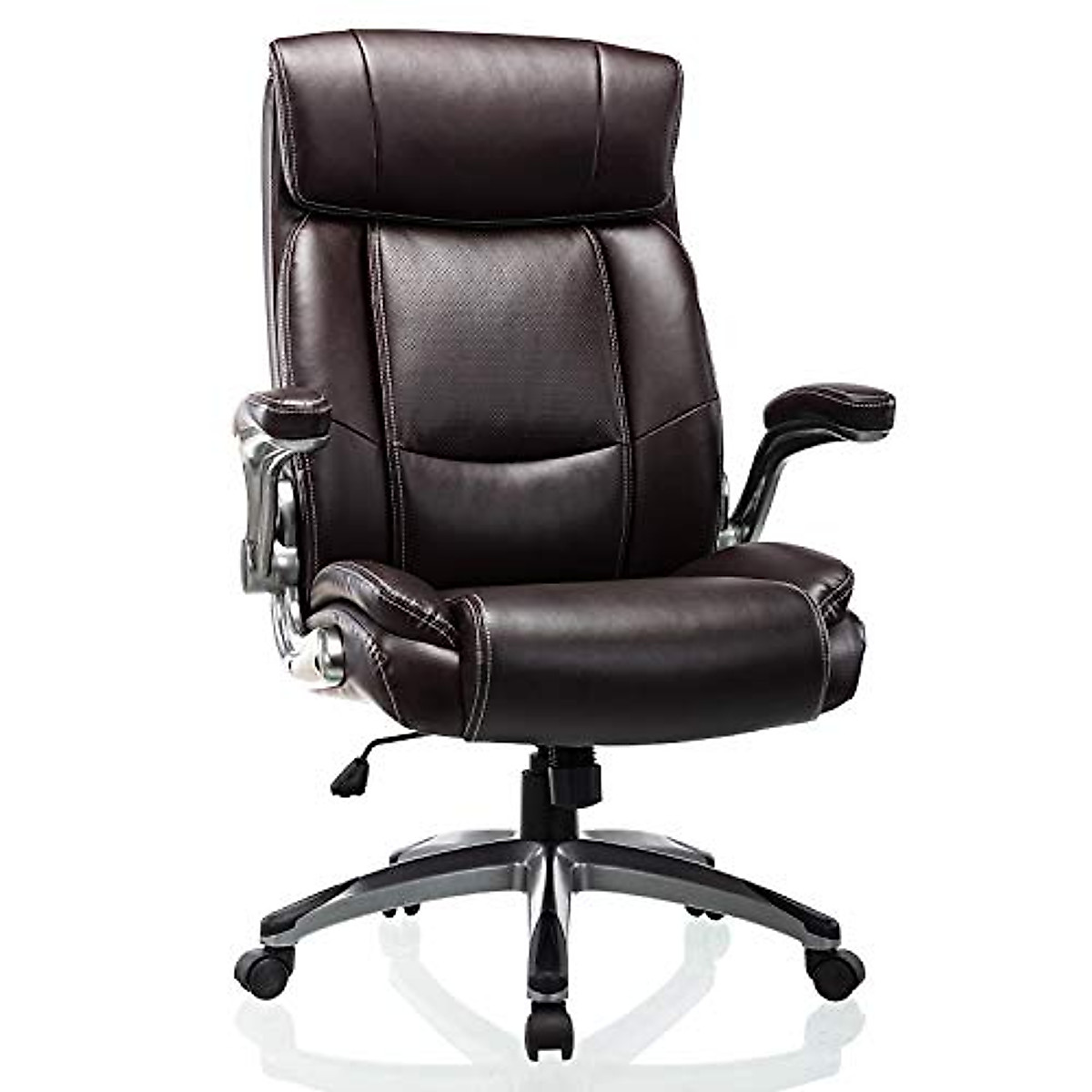 ICOMOCH High Back Office Chair with Flip-up Arms - Executive Computer Desk Chair with Adjustable Height Thick Padded Seat and Back Support Swivel Bonded Leather Task Chair for Home Office Work, Brown