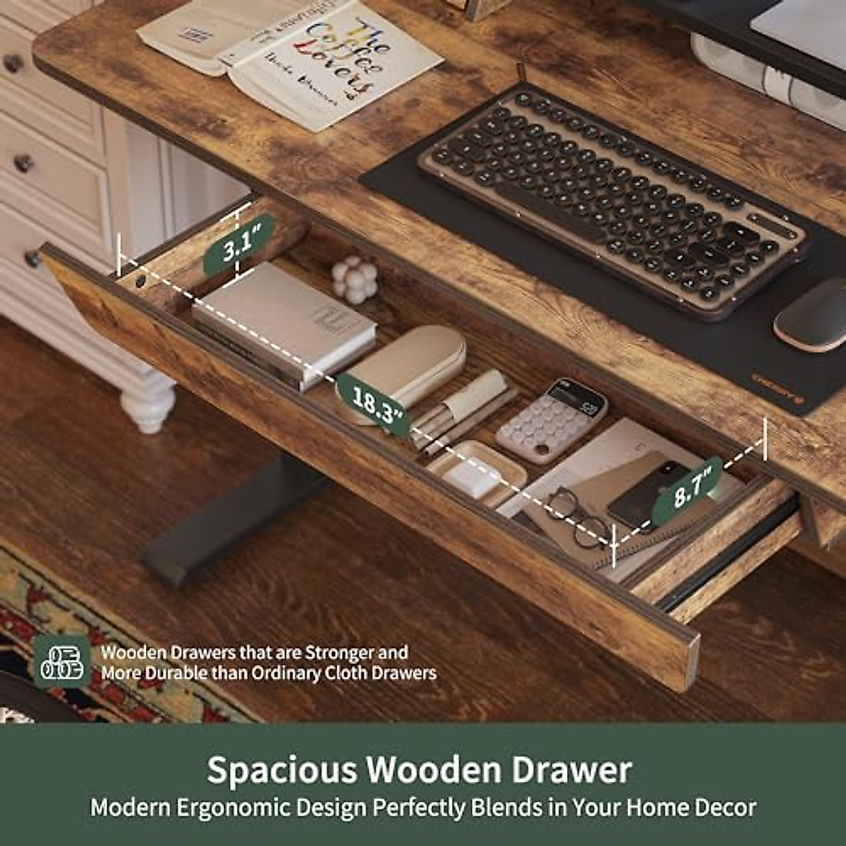 FEZIBO Standing Desk Adjustable Height with Drawers, 48 x 25 Inch Stand Up Desk with Storage Shelf, Electric Standing Desk with Storage Space, Rustic Brown Top/Black Frame