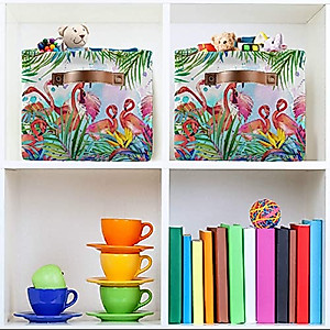 Storage Basket Tropical Flamingo Leaf Rectangle Foldable with Leather Handle Nursery Storage Bins Boxes Cube Organizer for Children Toys Books Clothes Home Bedroom