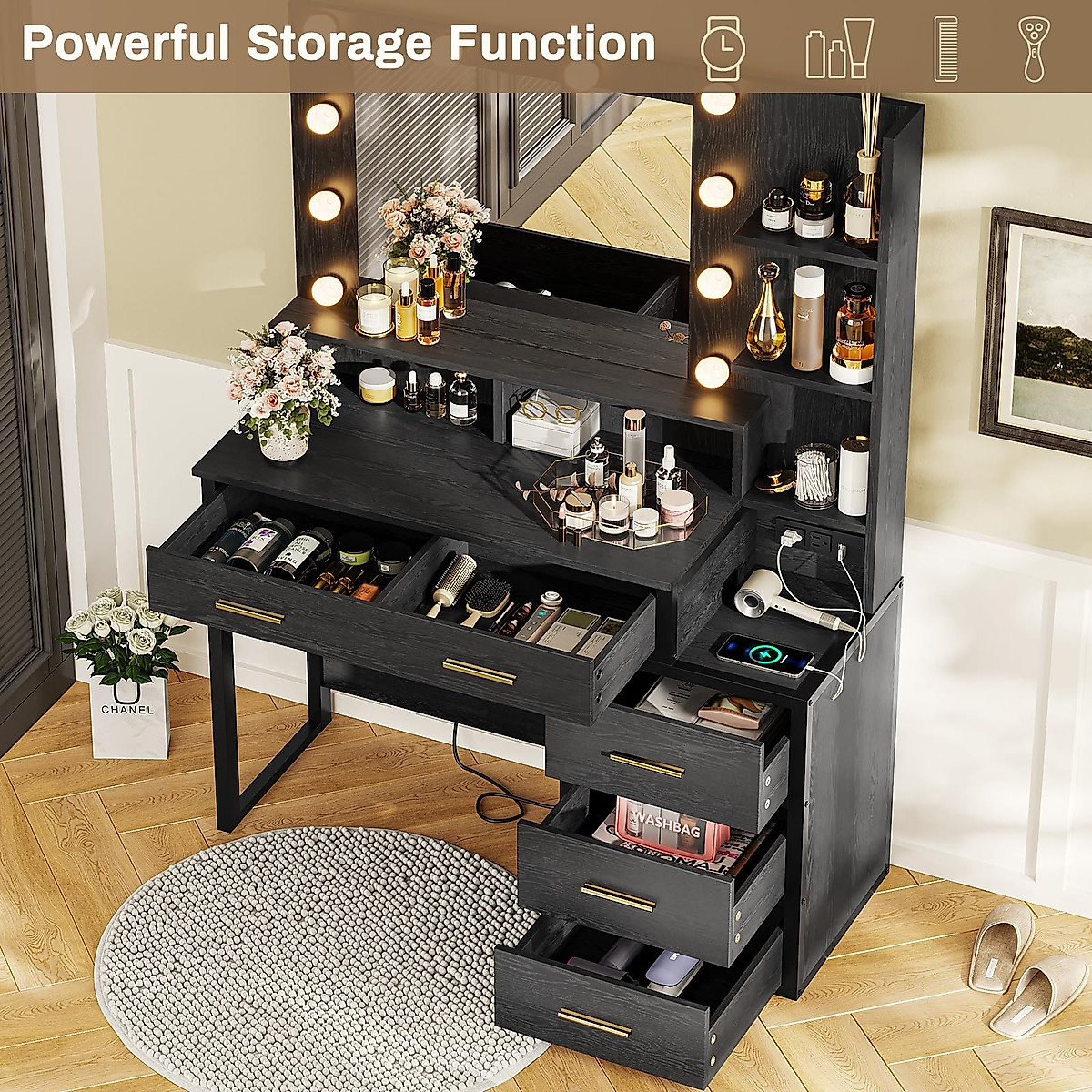 BTHFST Makeup Vanity with Lights and Charging Station, Black Vanity Desk with Mirror and Lights, Makeup Table with 5 Drawers and Shelves, Vanity Mirror with Lights Desk, Black Wood Grain