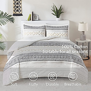 Hyde Lane Farmhouse Bedding Comforter Sets, Ivory Full/Queen Size Boho Bed Set,Cotton Top with Modern Neutral Style Clipped Jacquard Stripes, 3-Pieces Including Pillow Shams (90x90 Inches)