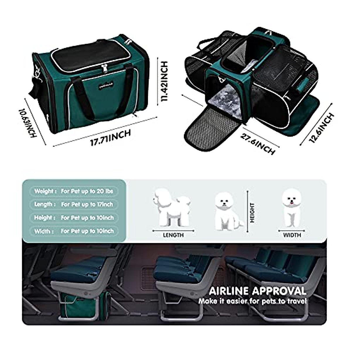 AutumnStory Cat Carrier, Pet Carrier Airline Approved, 2 Sides Expandable Dog Carrier, Soft-Sided Collapsible Dog Travel Bag with Removable Fleece Pad for Cats, Puppy and Small Animals (Green)