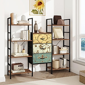 Tohomeor Triple Wide Bookcase with 3 Retro Flower Fabric Storage Drawers 4-Tier Bookshelf with 9 Open Display Shelves Industrial Bookshelf for Bedroom Home Office Living Room