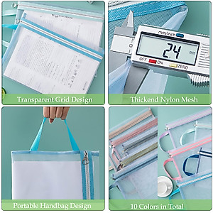 10 Pack Colored Breathable Mesh Zipper Pouch Bags, Large Nylon Toy Storage & Organization Nets with Handle and Zipper, Hangable Visible Puzzle A4 Zipper Pouch for Cross Stitch (10PCS, 1-laye)
