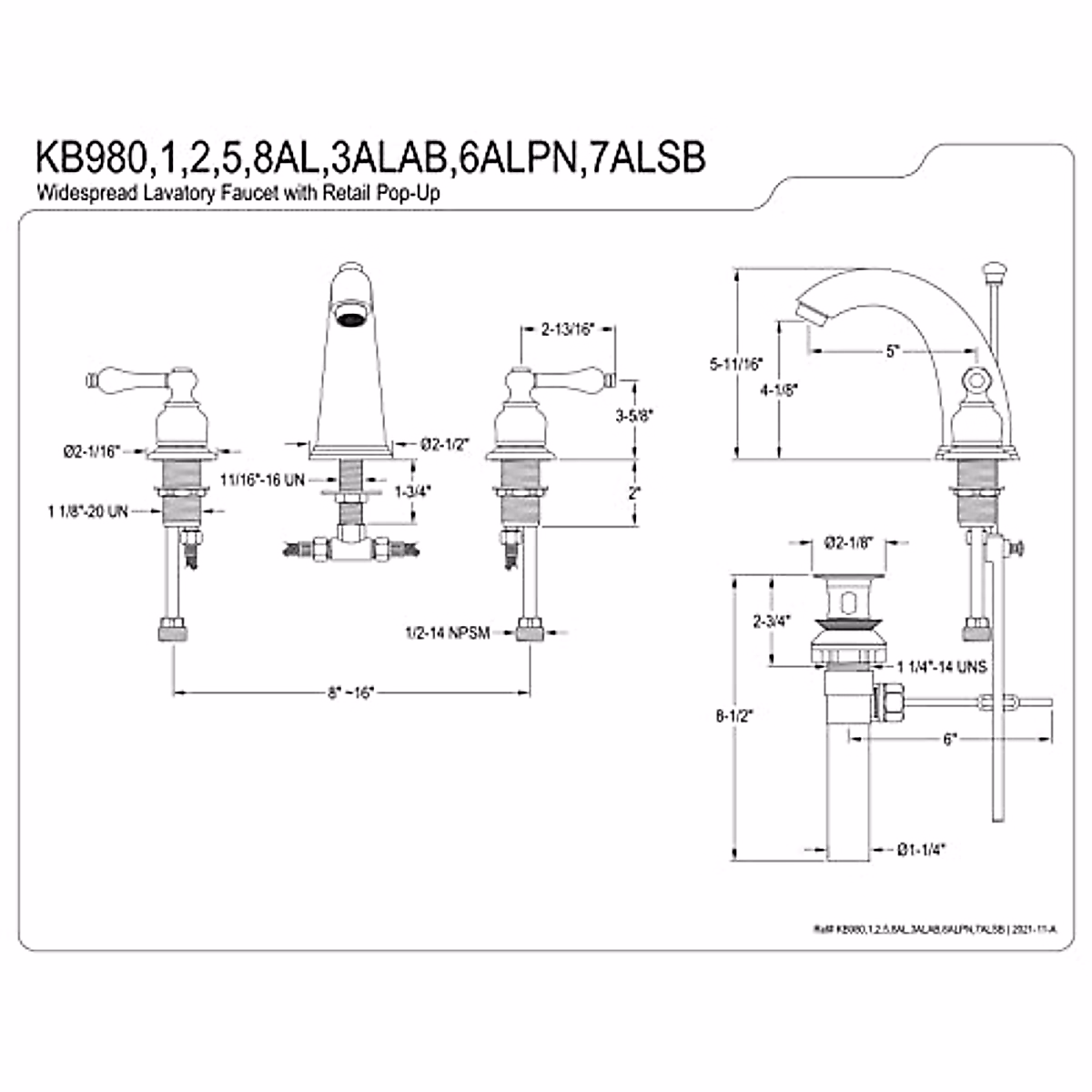 Kingston Brass KB982AL Victorian Widespread Lavatory Faucet with Pop-Up, 5-1/4-Inch, Polished Brass